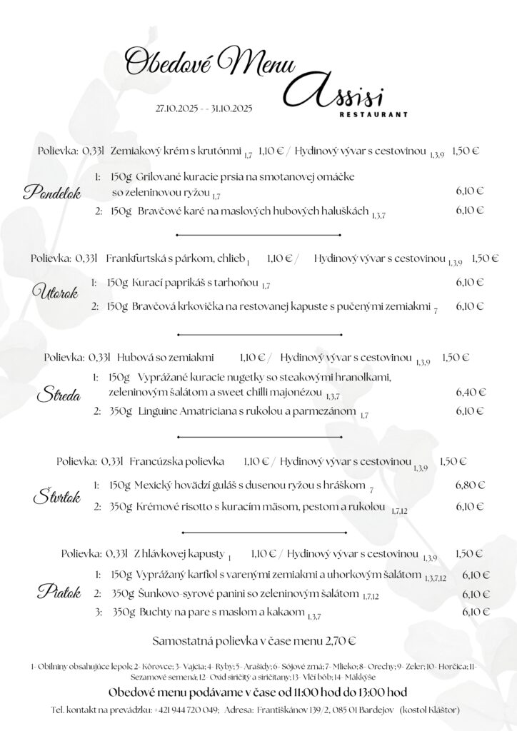 Obedové menu - Assisi Restaurant Bardejov
