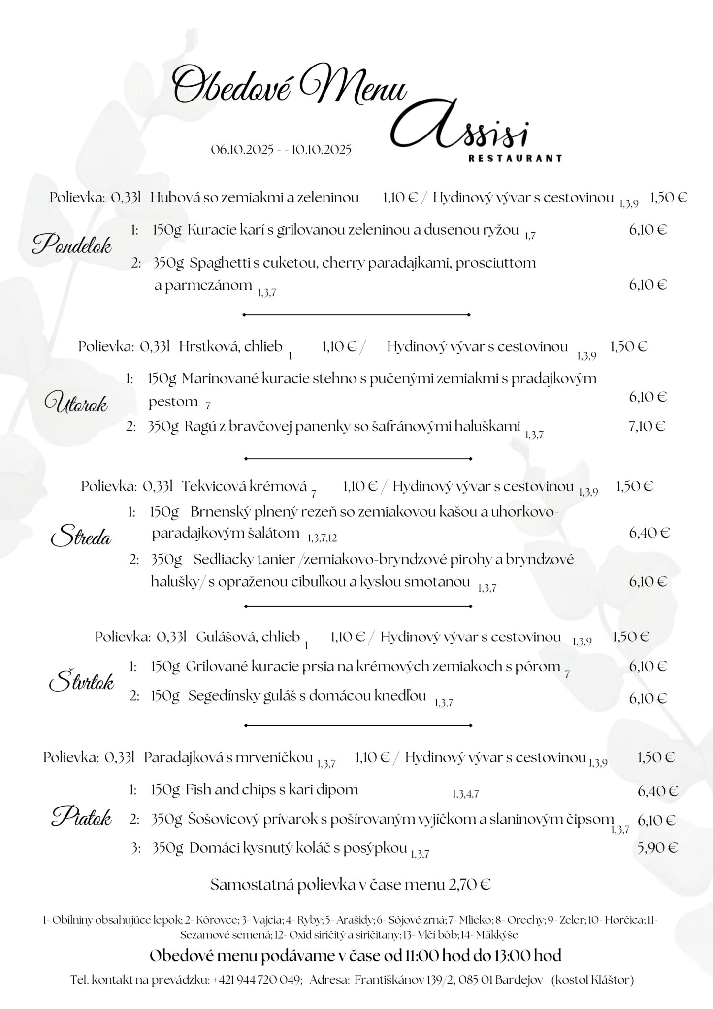 Obedové menu - Assisi Restaurant Bardejov