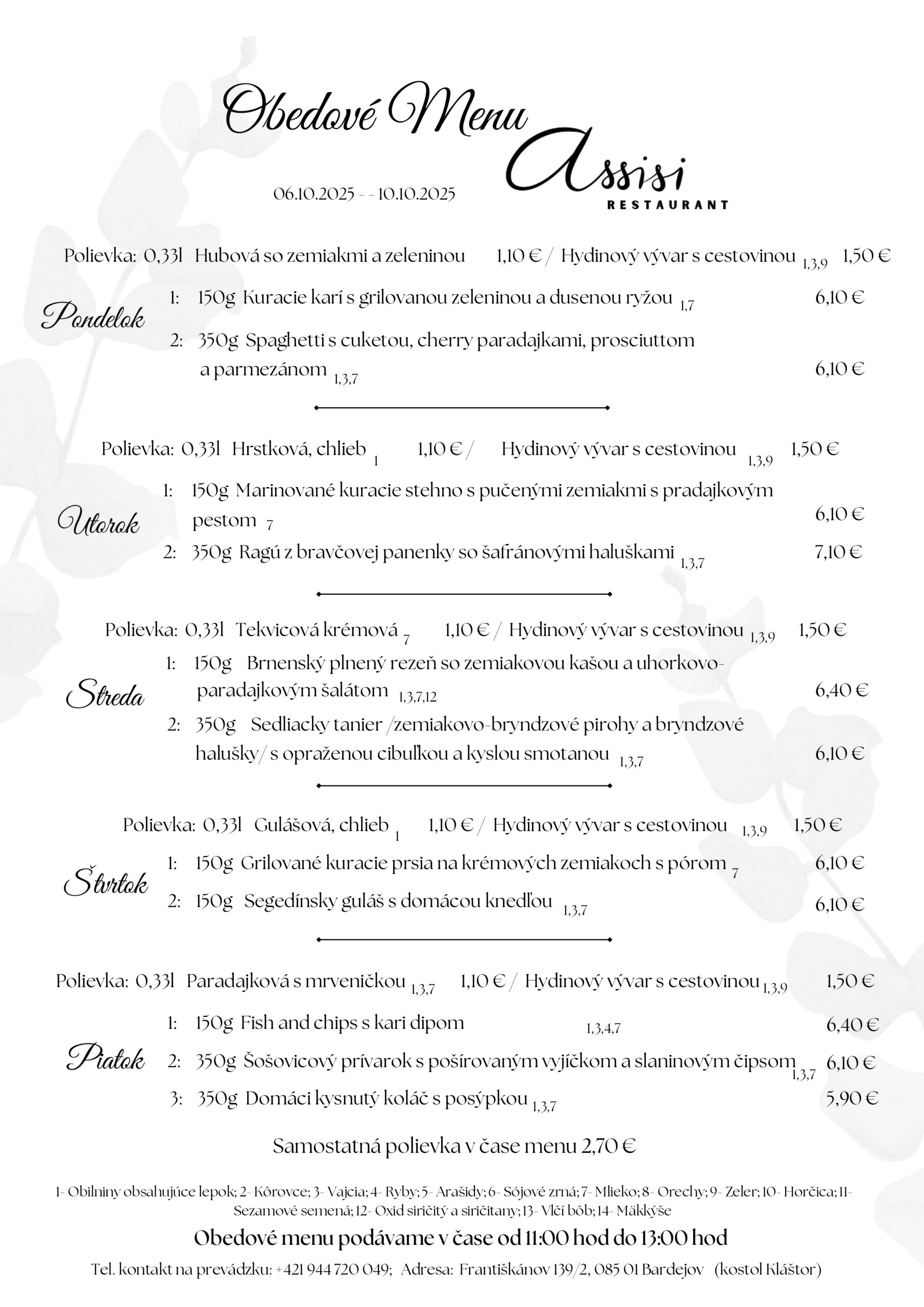 Obedové menu - Assisi Restaurant Bardejov