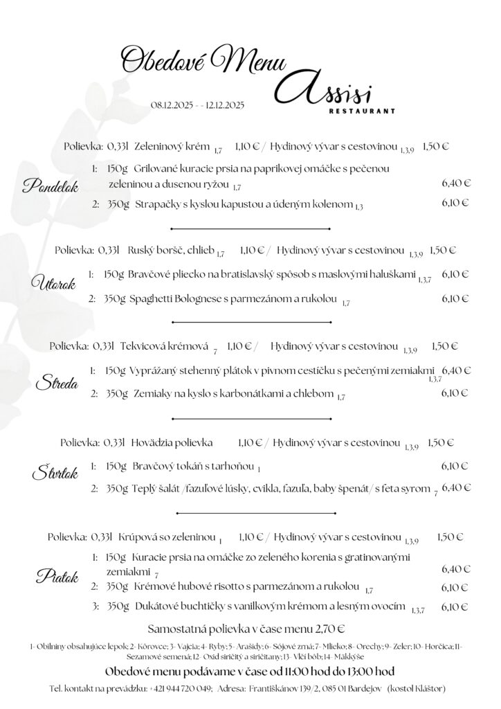Obedové menu - Assisi Restaurant Bardejov